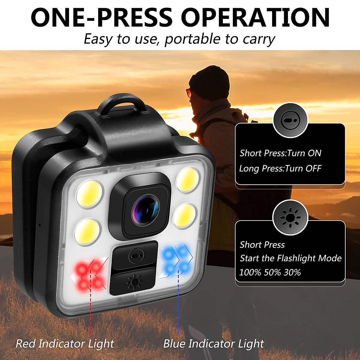 TANGMI Mini Body Camera with Audio and Video Recording, 1080P Portable Video Recorder Outdoor Sports Wireless Wearable Camera, 3 Led Modes Flashlight HeadLamp Waterproof Camera with Time Stamps