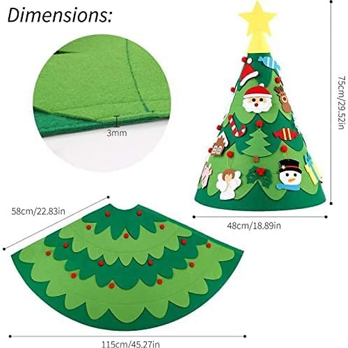 diuna 3D DIY Felt Christmas Tree, Handmade DIY Decoration and 18 Different Ornaments, Gifts for Kids New Year Christmas Decorations Gifts with LED