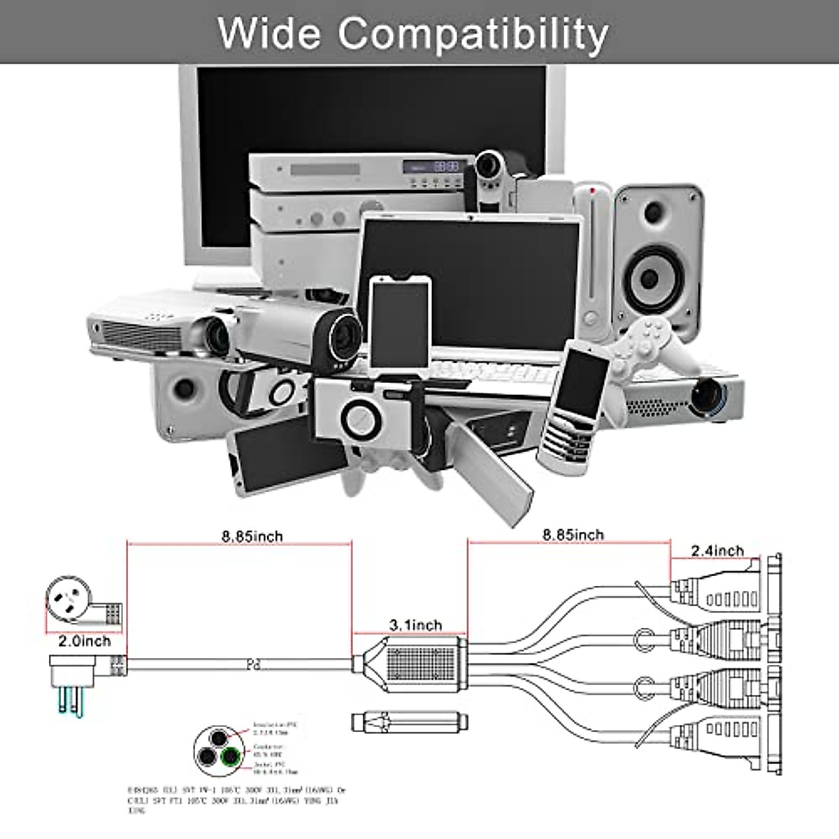 KUNCAN 4 Way Power Splitter - 45 Degrees Lower Right Corner Downward Angled US Flat Plug 1 to 4 Extended Outlets Male to Female SVT 16AWG Extension Cable Strip for Home, Office, School (White 2-Pack)