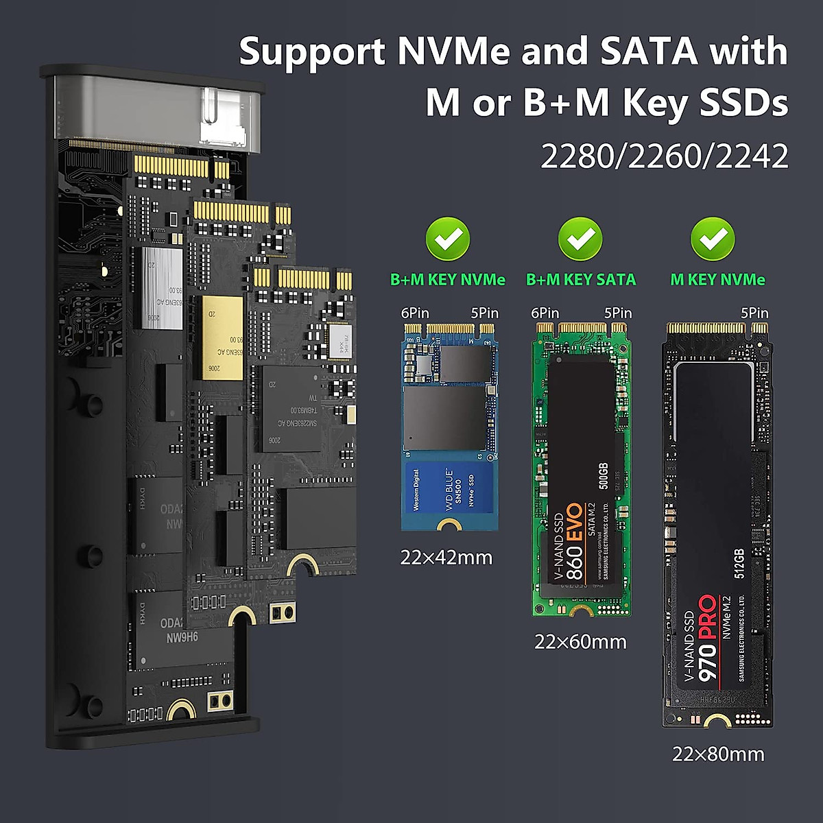 MOKiN M.2 NVMe SATA SSD Enclosure Adapter Tool-Free,USB C 3.2 Gen 2 10Gbps M.2 NVMe,6Gbps SATA PCIe M-Key(B+M Key), NVMe M.2 Enclosure Support UASP Trim for 2242/2260/2280 SSD