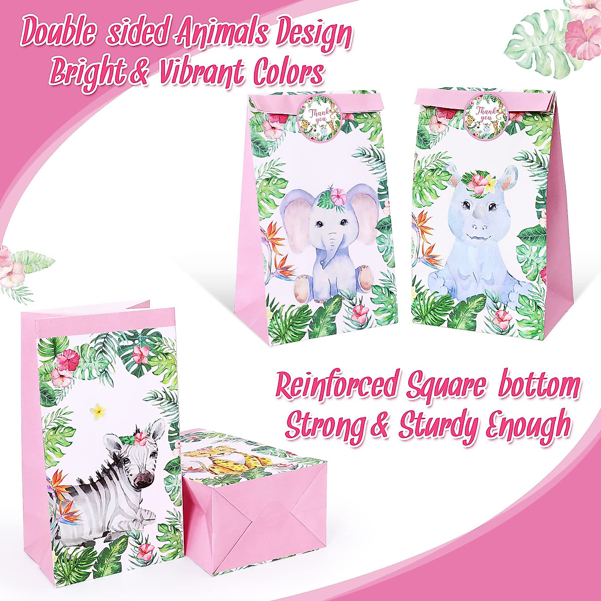 Safari Goodie Bags Jungle Party Favors Bags Pink Floral Wild Animals Treat Candy Gift Paper Bags with Thank You Stickers for Birthday Party Supplies Decorations Set of 24