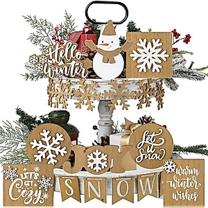Chitidr 20 Pcs Tiered Tray Set - Christmas Snowflake Table Decor Snowman Rustic Farmhouse Wood Sign Hello Winter Tabletop Sign Decor for Xmas Winter Holiday Table Shelf Home