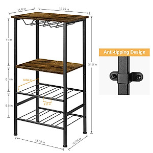 Wood Wine Rack Free Standing Floor, Industrial Wine Display Shelves with Glass Holder Rack & 8 Bottles Holder, Multifunctional Wine Bar Cabinet for Kitchen Dining Room Pantry Cellar, Rustic Brown