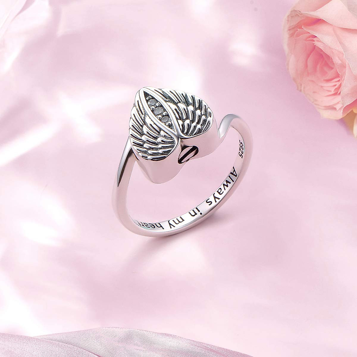 925 Sterling Silver Angel Wings Urn Heart Ring Hold Loved Ones Ashes Always in My Heart Keepsake Memorial Jewelry Cremation Rings for Women（8）