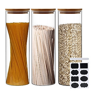 Large Glass storage Jars Set of 3,Glass Food Storage Jars with Bamboo Lids,Glass Kitchen Canister Set for Spaghetti,Pasta,Flour,Coffee Beans,Cereal,Rice(67 OZ)