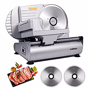 Meat Slicer, CUSIMAX Electric Deli Food Slicer with Two 7.5'Removable Stainless Steel Blades and Pusher, Cheese Fruit Vegetable Bread Cutter, Adjustable Knob for Thickness, Food Carriage