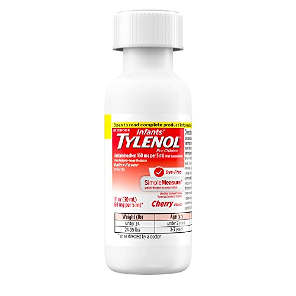 Infants' Tylenol Acetaminophen Medicine, Pain & Fever Relief, Dye-Free Cherry, 1 fl. oz