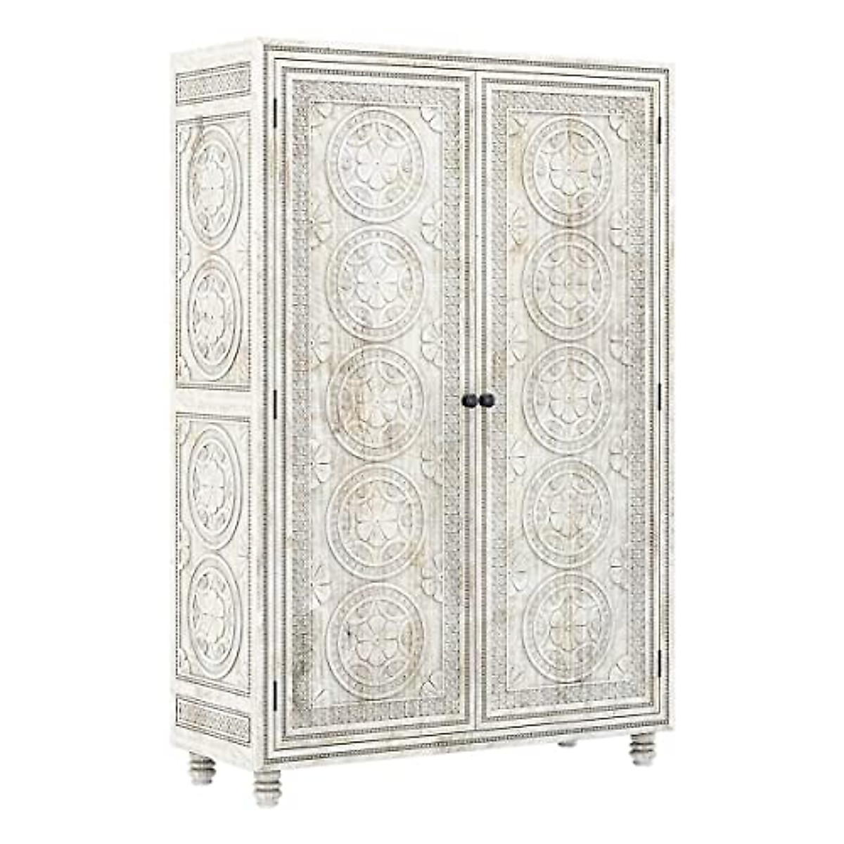 Khalifa Hand Carved Wardrobe Armoire - Weathered White Finish Mango Wood