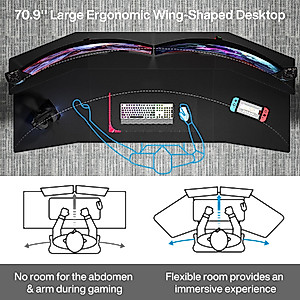 Tribesigns Computer Desk, 70.9" Large Home Office Desk with Monitor Stand, Modern Wing-Shaped Gaming Studio Desk Study Table Workstation for Live, Streamer, Black