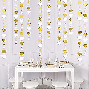 52Ft White and Gold Heart Garland Hanging Love Heart Streamer Banner for Anniversary Bachelorette Valentines Day Mothers Fathers Day Engagement Wedding Bridal Shower Birthday Party Decoration Supplies