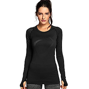 CRZ YOGA Women's Seamless Athletic Long Sleeves Sports Running Shirt Breathable Gym Workout Top Black-Slim Fit Small