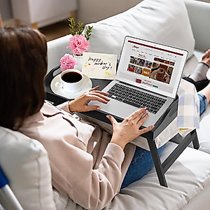 Bed Tray Table with Handles Folding Legs Bamboo Breakfast Tray with Phone Tablet Holder,Foldable Breakfast Table, Laptop Desk(Black)