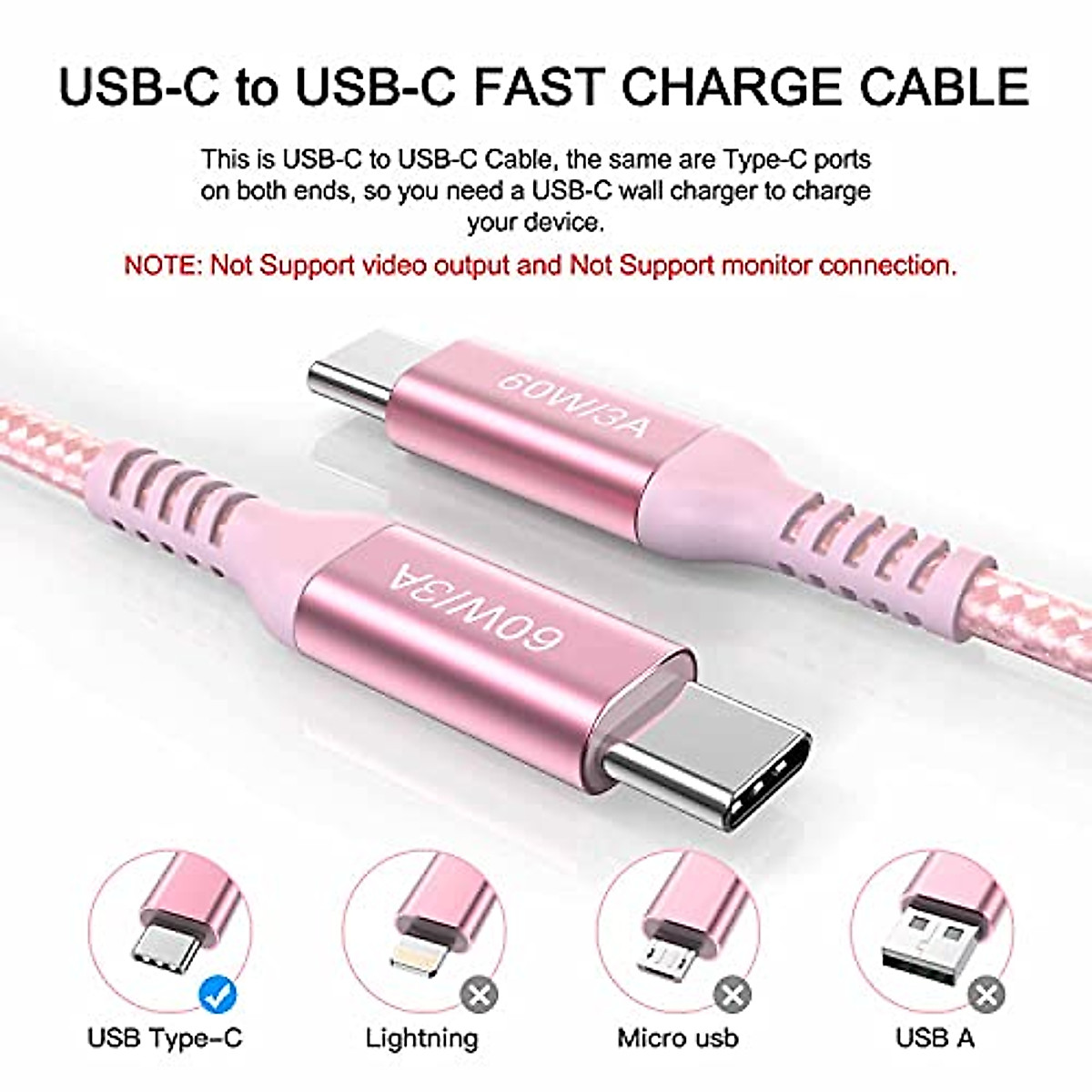 60W USB C to USB C Cable 10 ft Pink, 2-Pack, Awnuwuy Long Type-C Fast Charging Charger Cord Compatible with Samsung Galaxy S22 Ultra S22+ S21 S20 Note 20 20+ 10, Google Pixel 6 5 4 XL, MacBook Pro/Air