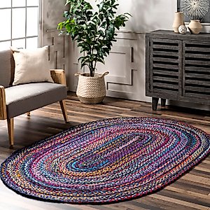 nuLOOM Tammara Bohemian Hand Braided Area Rug, Oval 4x6, Blue