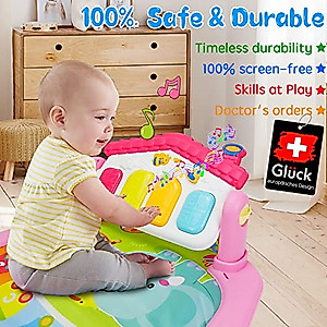 GLÜCK Baby Gyms&Play Mats-Kick and Play Piano Gym Tummy Time Padded Mat, Musical Floor Mat, Activity Piano Gym,Infant Newborn Play Mat for Babies ,Toddlers 0 to12 Months(Pink)