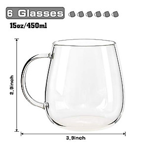 Farielyn-X Glass Coffee Mugs Set of 6, Microwave Safe Borosilicate Glass Cups, 15 Ounce Large Mugs Gifts for Family, latte, Chocolate & Beverage, Mocha, Cappuccino, Tea and Water, Clear Drinking Cups