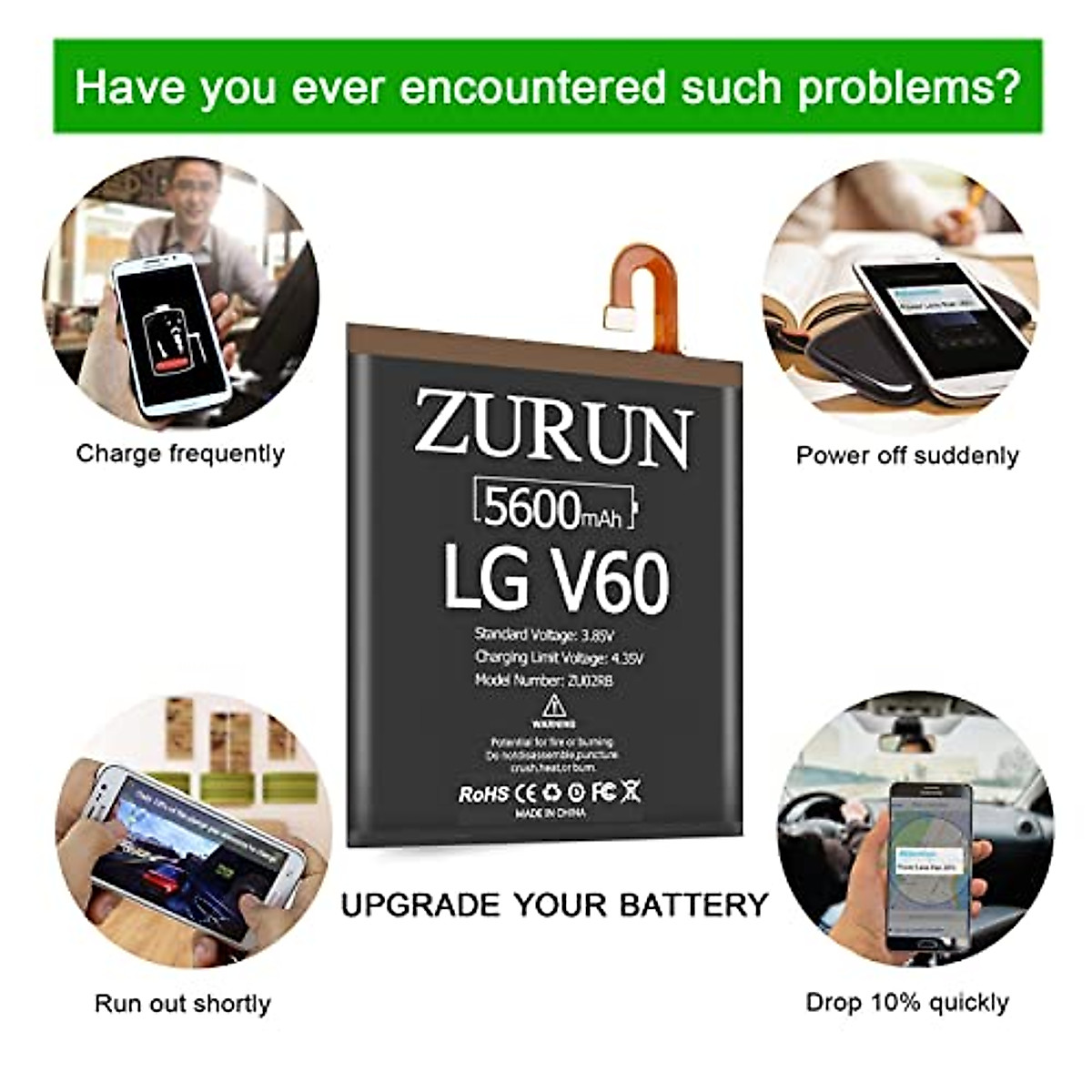 LG V60 ThinQ Battery ZURUN 5600mAh Li-Polymer Battery Replacement for LG V60 ThinQ 5G BL-T46 LM-V600TM T-Mobile/Sprint/U.S. Cellular with Screwdriver Tool Kit