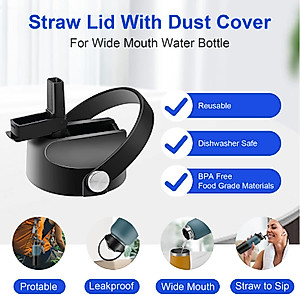 HYDROWION Straw Lid for Hydro Flask Wide Mouth, Flex Straw Lid Compatibility Most Sports Water Bottle 12 16 18 20 32 40 64 oz, Straw Lids for Simple Modern Ascent Water Bottle(Black,1 Pack)