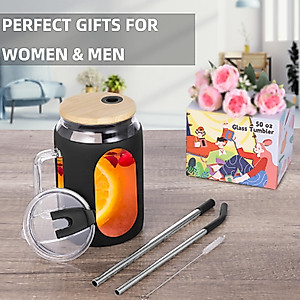 50OZ Glass Tumbler with Bamboo Lids & Straws, Birthday Gifts for Women, Glass Handle Cup with Silicone Sleeve, Valentine Mother's Day Gifts for Women Mom Wife Daughter Sister at Home Office(Black)