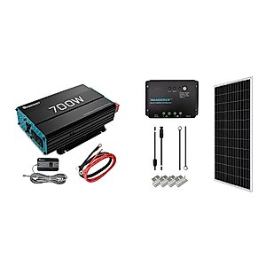 Renogy 700W Pure Sine Wave Inverter 12V DC to 120V AC Converter & KIT-STARTER-100D Starter Kit with 1 Pcs 100W Monocrystalline Panel and 30A PWM Controller Solar Charging, Boats, RV, Off-Grid System
