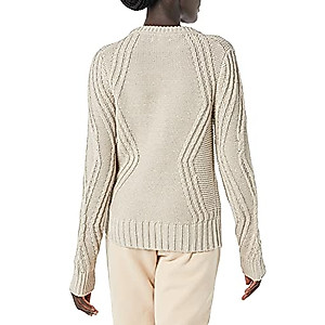 Amazon Essentials Women's 100% Cotton Crewneck Cable Sweater, Beige, Small
