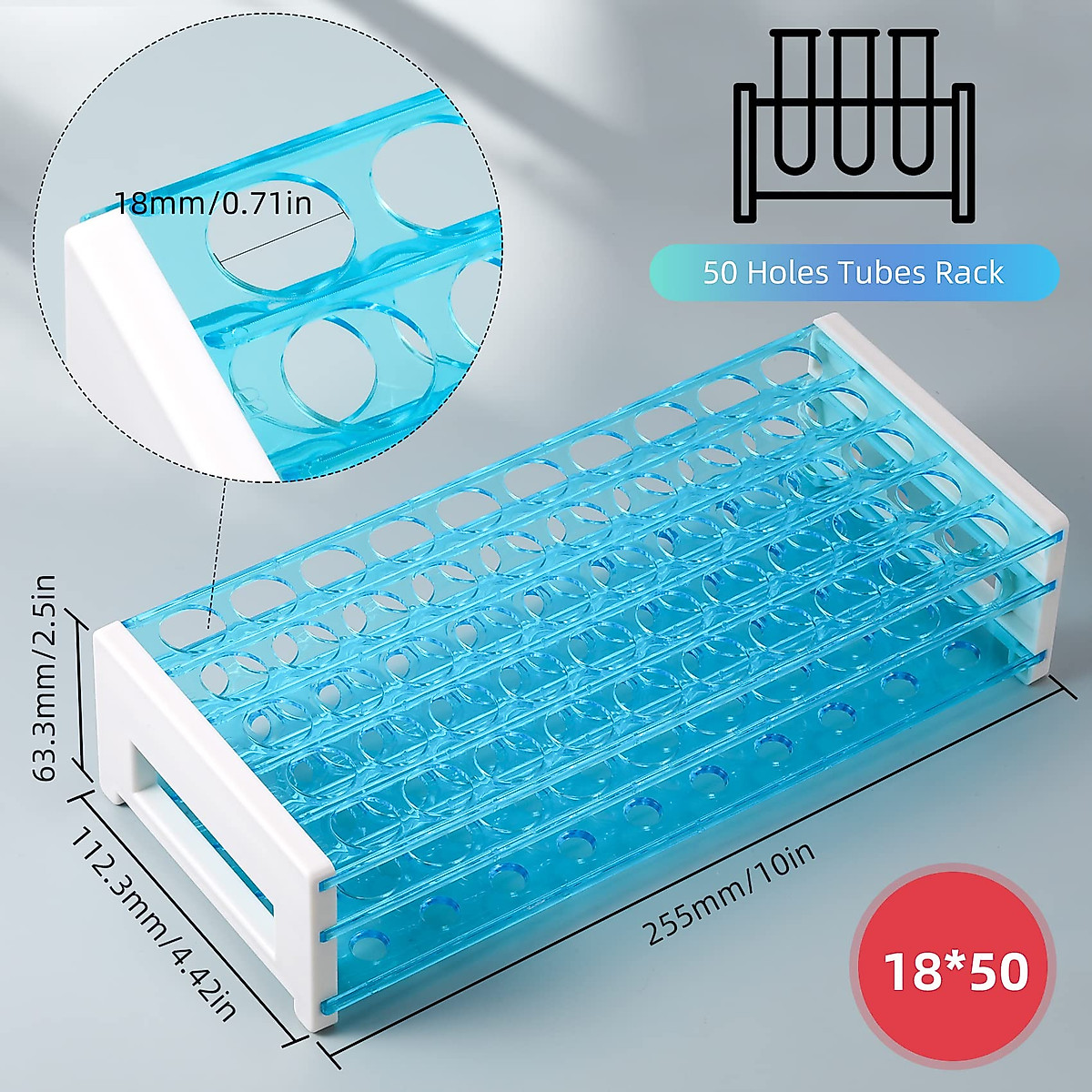 Annhua Test Tube Rack Plastic for 18 mm Tubes Holder Tray, Holds 50, Lab Tube Holder Rack Tube Stand for Sicence Laboratory, Classroom and Home Use - Detachable, Rack Only