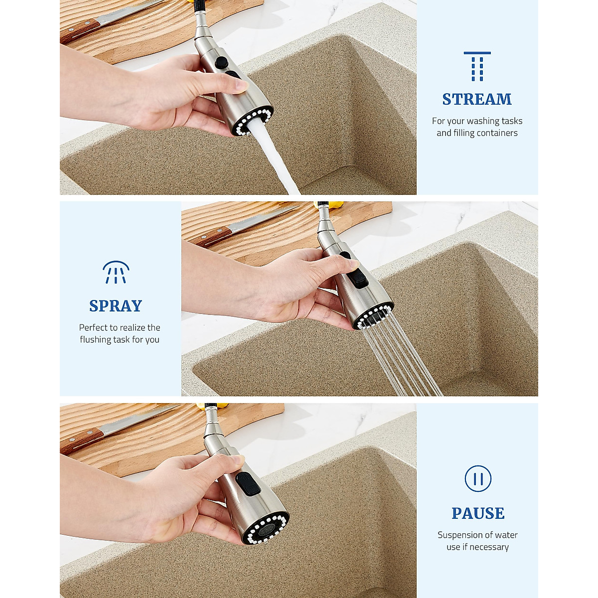 Kitchen Faucet Head Replacement with 15 Adapters - 3 Functions Pull Down Spray Head for Kitchen Faucet, Pull Out Faucet Sprayer Head Nozzle, Kitchen Sink Faucet Sprayer Head Parts, Brushed Nickel