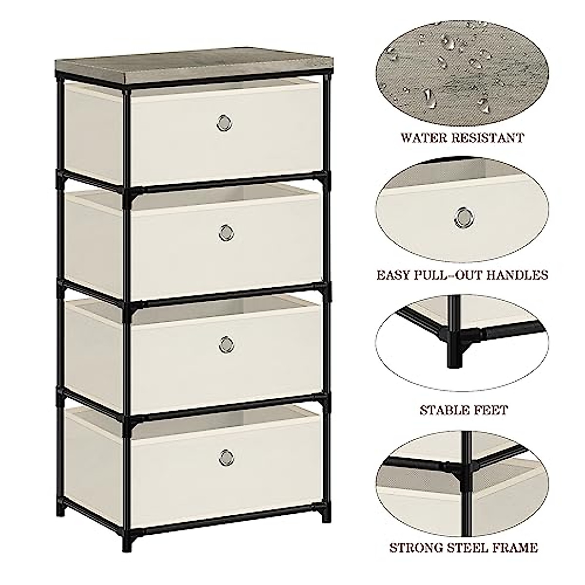 MOOACE 4 Drawer Dresser,Fabric Storage Tower,Clothes Organizer for Bedroom, Nursery, Entryway, Closets,Sturdy Black Steel Frame, Fabric Top,Milky Grey