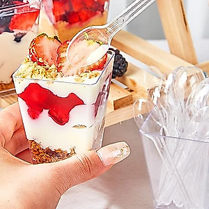 TOFLEN 50ct 5 oz Mini Dessert Cups with Spoons, Clear Plastic Square Dessert Shooters Reusable Party Serving Tumbler Cups for Parfait Appetizer & Dessert Shot Glasses