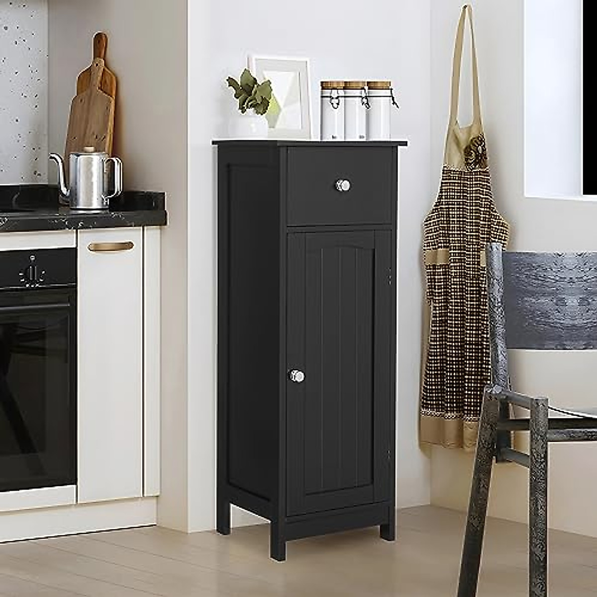 Iwell Bathroom Floor Cabinet, Storage Cabinet with Large Drawer, Wooden Free-Standing Cabinet with Door for Bathroom, Living Room, Bedroom, Black