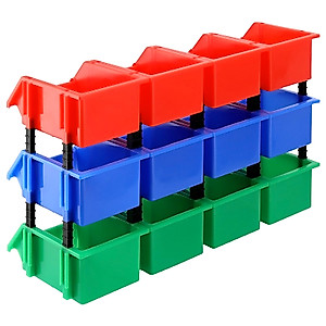 HOIGON 12 Pack Garage Storage Tool Bin, 7.09 x 4.72 x 3.15 Inch Plastic Hanging Stacking Stackable Organizer Storage Rack for Hardware Tools Organization, Workshop, Small Parts, Green Blue Red