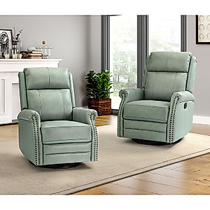 HULALA HOME Genuine Leather Swivel Rocker Recliners Set of 2 with Adjustable Backrest & Footrest, Manual Glider Recliner Chair with Swivel Base, Home Theater Sofa Armchair for Living Room Bedroom,SAGE