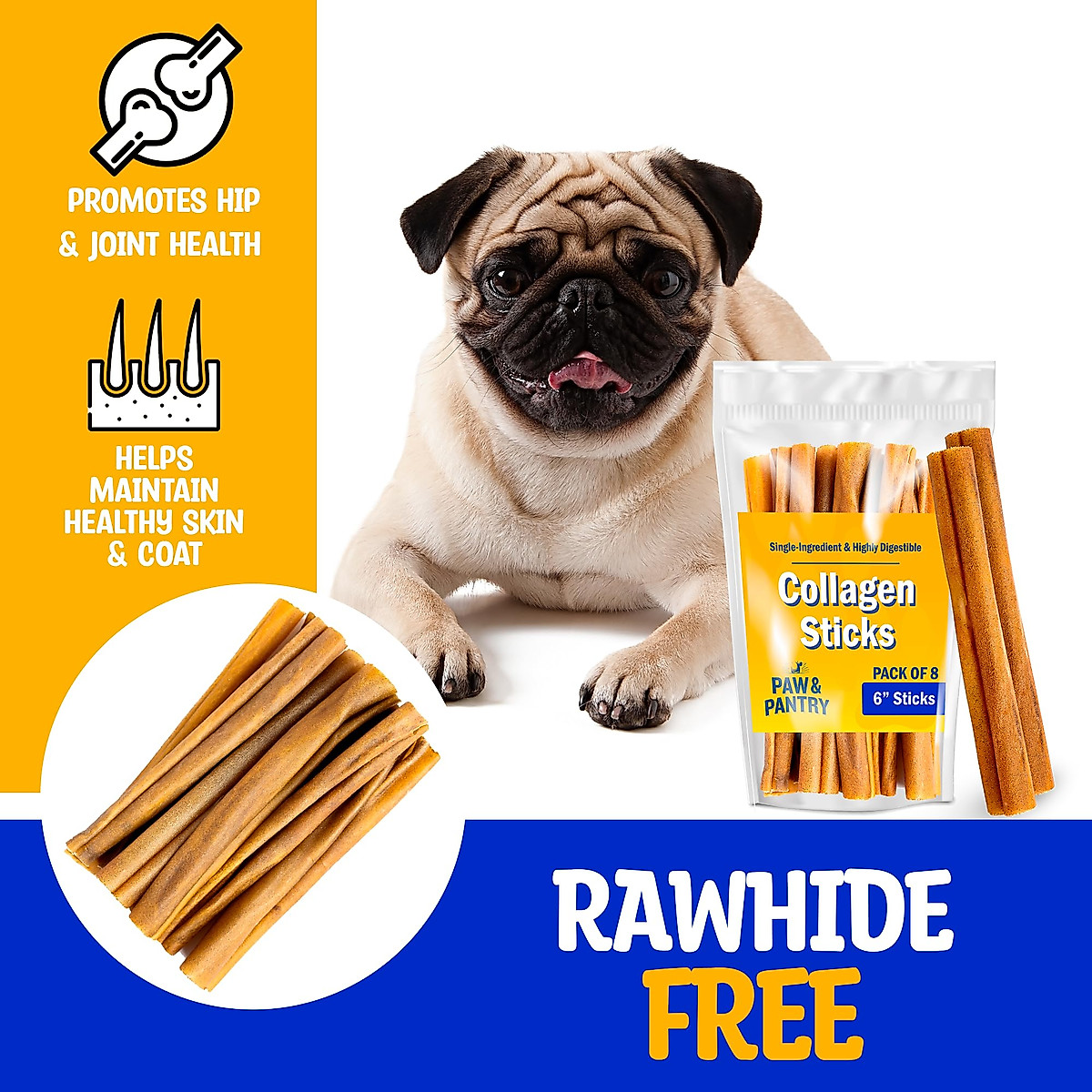 Paw & Pantry 6" Beef Collagen Sticks for Dogs (8 Pk) - Rawhide Free All Natural Collagen Chews for Dogs - Long Lasting Dog Collagen Sticks - Dog Treats Promote Hip, Joint, Skin, Coat, & Dental Health