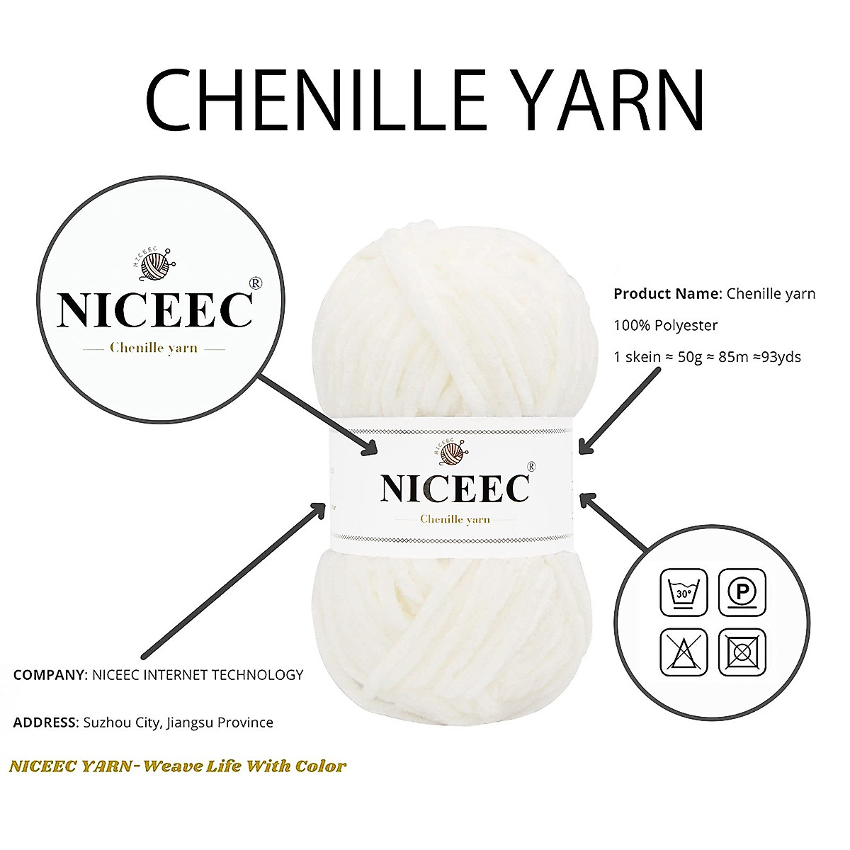 NICEEC 3 Skeins Soft Chenille Yarn Blanket Yarn for Knitting Fancy Yarn for Crochet Weaving DIY Craft Total Length 3×85m (3×93yds, 3×50g)_Cream White