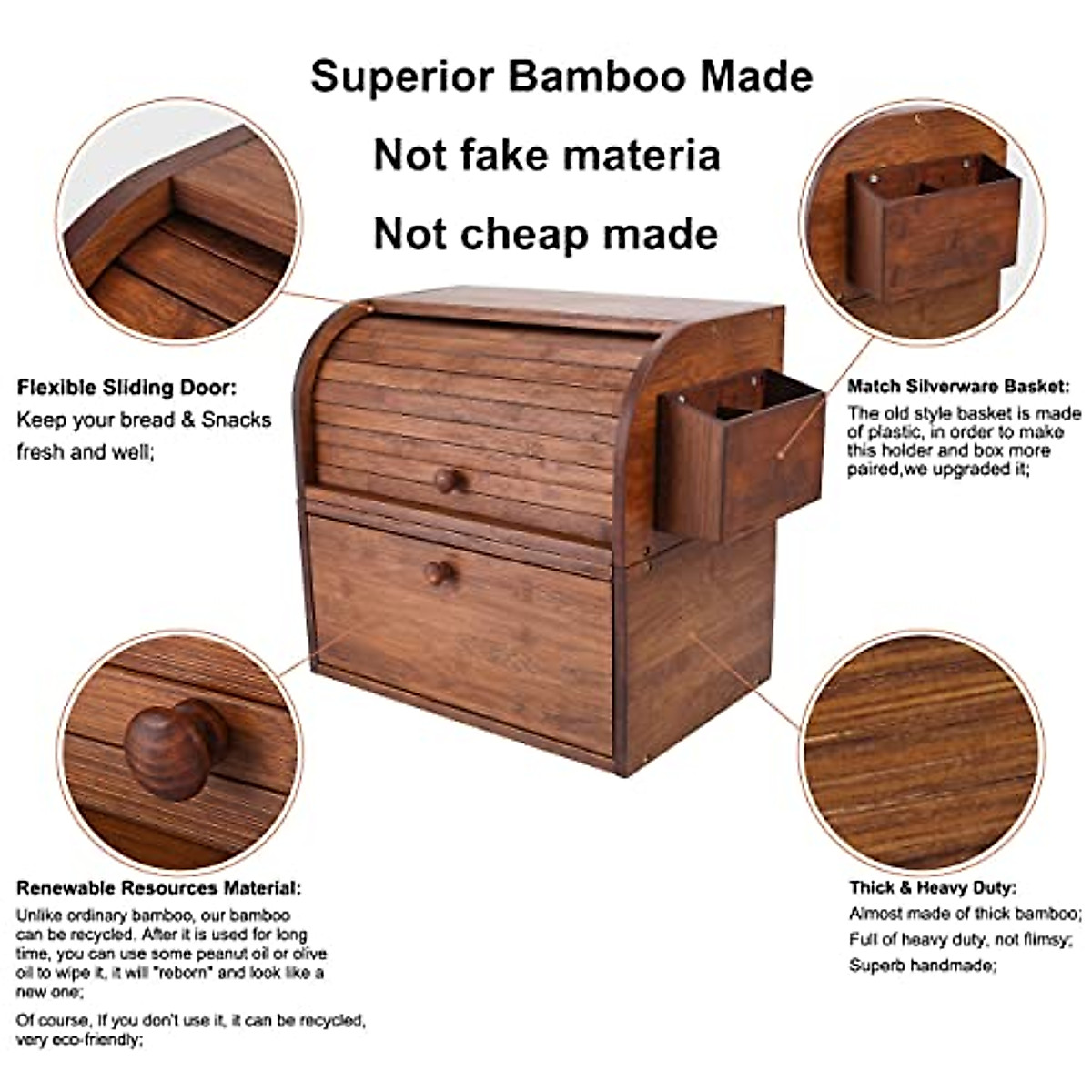 TQVAI Bamboo Bread Box for Kitchen Counter Dobule Layer Roll Top Bread Storage Container with Silverware Basket - Can Use as 2 Individual Bread Bin - Assembly Required, Retro Brown