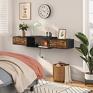 HOOBRO Floating TV Stand with Power Outlet 55", Modern Wall Mounted Media Console Shelf Cabinet for Under TV Storage, Entertainment Center, Living Room, Bedroom, Rustic Brown and Black BF11DS01