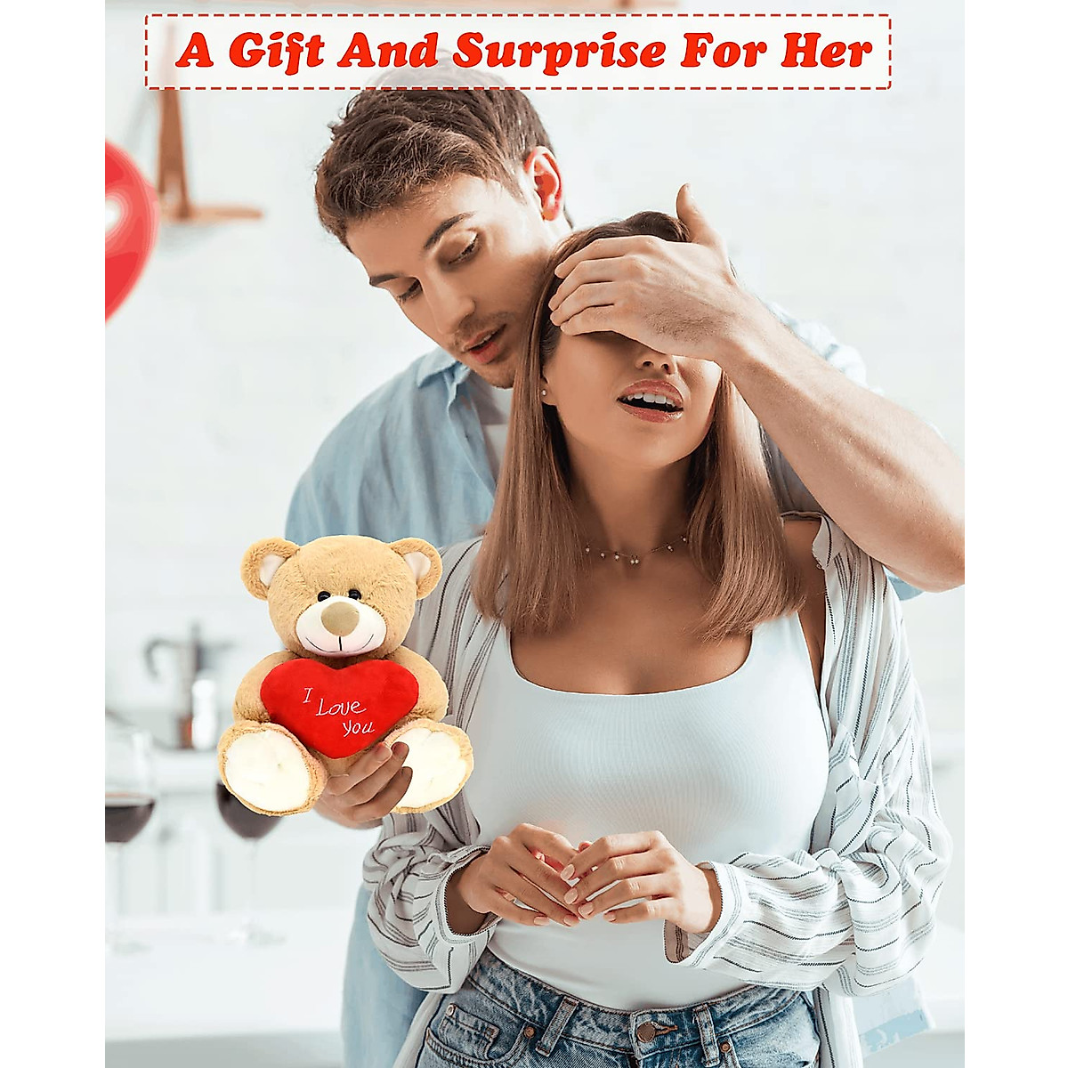 I Love You! 10'' Teddy Bear with Red Heart, Soft Plush Bear Doll Stuffed Animal Toys Valentines Day Decor Gifts for Her/Girlfriend Lover Mom Kids (Light Brown)