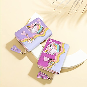 UTO Wallet for Girls Cute Unicorn Leather Vegan Small Women Tassel Rainbow Pendant Card Holder Kawaii Coin Purse