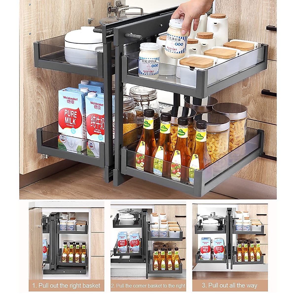 ZHIRCEKE Soft-Close Blind Corner Cabinet Pull Out Basket - 4 Shelf Slide Out Cabinet Organizer for Kitchen Blind Base Corner Cabinets,Open Left