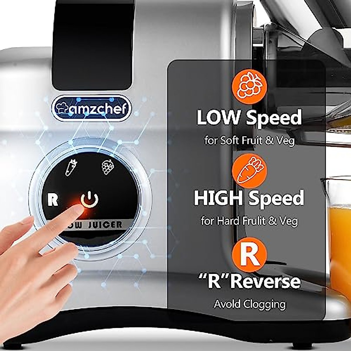 Juicer Machines Cold Pressed, AMZCHEF 3" Wide Chute Slow juicer, High Nutrition Juicer Slow Masticating with 2-Speed Modes & Reverse Function (Gray)