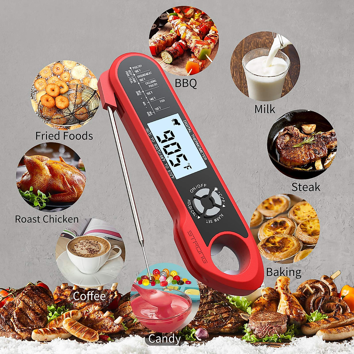 WHOUSEWE Kitchen Meat Thermometer Instant Read, 2 Probes Digital Thermometer for Cooking, Baking, Turkey, BBQ, Alarm Set, 2 in 1 Function Thermometer