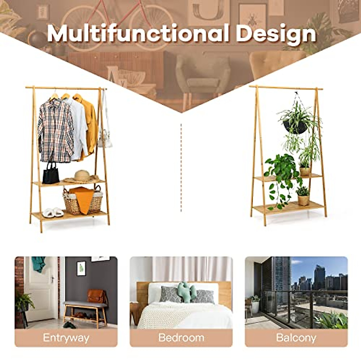 Giantex 2-Tier Bamboo Clothing Rack, 5.3Ft Freestanding Clothes Organizer Rack with Anti-tipping Devices, Cloth Hanger Standing Rack with Bottom Storage Shelves, Garment Racks for Hanging Clothes