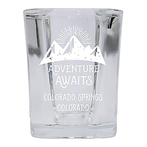 R and R Imports Colorado Springs Colorado Souvenir Laser Engraved 2 Ounce Square Base Liquor Shot Glass 4-Pack Adventure Awaits Design