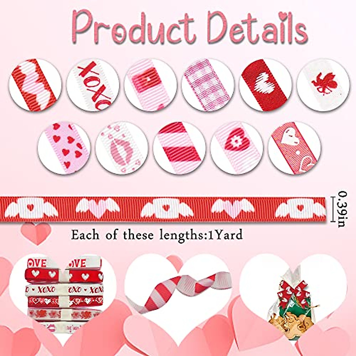 Estivaux 12 Rolls Happy Valentine's Day Ribbons 3/8" Wide Red Grosgrain Ribbon Pink Heart Ribbon Valentines Cupid Craft Ribbons for Gift Wrapping Valentines Wedding Anniversary Party Decor, 12 Yards