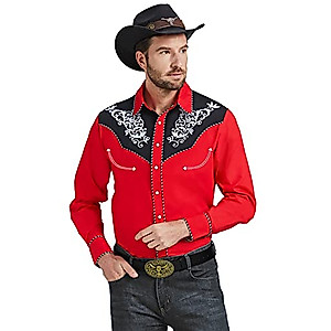 JoZorro Men's Long Sleeve Pearl Snap Shirt Cowboy Cut Western Embroidered Casual Button Down Shirt
