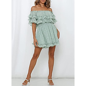 Dokotoo Women's Ladies Dresses Spring Summer Off The Shoulder Elastic Empire Waist Floral Bohemian Ruffle Chiffon Summer Dress for Women Green Large