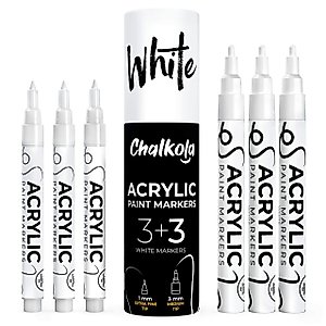 Chalkola Acrylic White Paint Pens (6 Pack) Extra Fine Point (1mm) & Medium Tip (3mm) - Permanent White Marker Ink for Rock Painting, Fabric, Tire, Metal, Wood, Canvas, Glass, Plastic, Stone, Ceramic