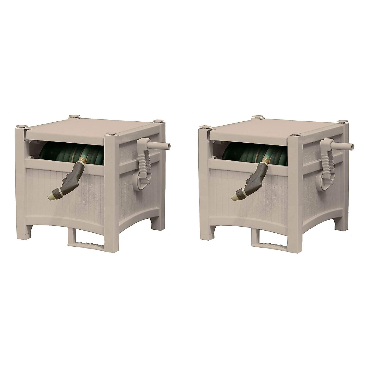 Suncast 100 Foot Capacity Hideaway Garden Hose Reel for 1.9 inches Hose Outdoor Storage with Stay Up Lid and Crank Handle, Taupe 2 Pack