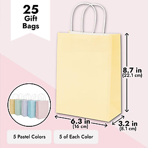 Juvale Pastel Paper Gift Bags with Handles for Goodies, Baby Shower, Party Favors (25 Pack, 5 Colors, 8.5 x 6.2 x 3.1 in)