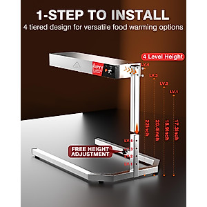 PYY Food Heat Lamp - Adjustable Height Food Warmer with U Shape Base Stand,Commercial Countertop Food Warming Light with Stand for French Fries Electric Heating Radiation,500W Stainless Steel Silver